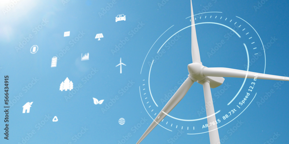 3D Wind turbine eco technology concept, renewable green energy generate ...