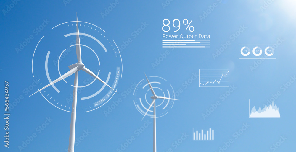 3D Wind turbine eco technology concept, renewable green energy generate ...