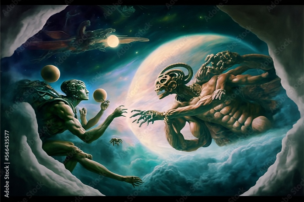 Alien Creation of Adam in outer space with planets in the background ...