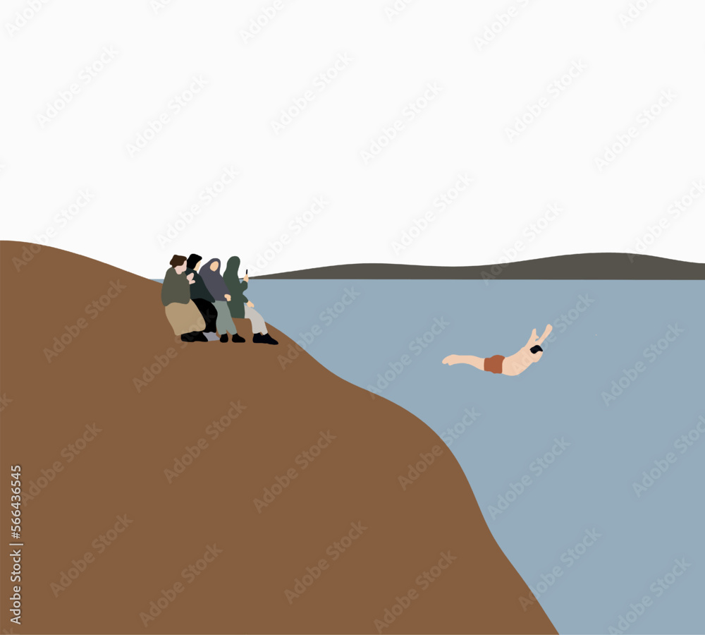 Man jumping off cliff into the sea his friend taking photo on the rock ...