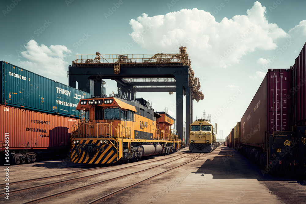 Huge train yard, cranes and trucks moving containers, trains being ...
