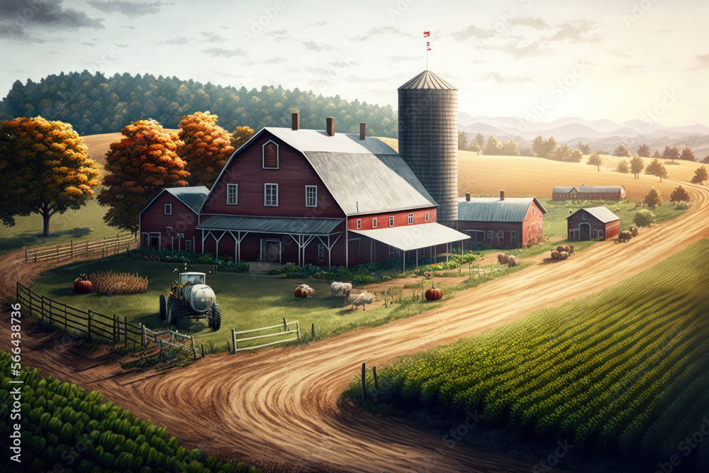 Rural farm with fields, crops, and barns, generative ai Stock ...