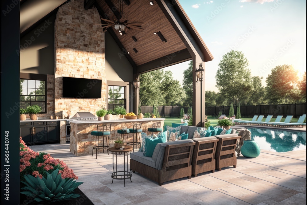 Stylish outdoor living space with a modern outdoor kitchen, comfortable ...