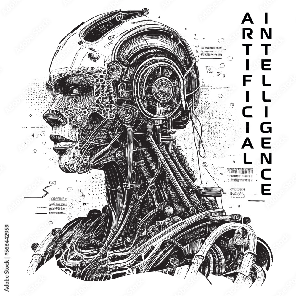 Fototapeta Illustration of a Hand-Drawn AI Cyborg Man in a Timeless ...