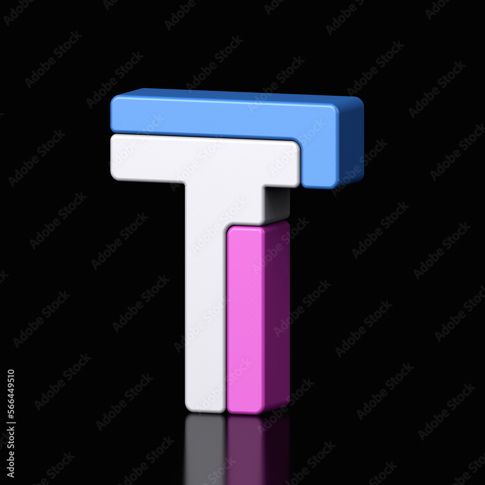 3d letter T plastic light blue and pink from alphabet isolated in a ...