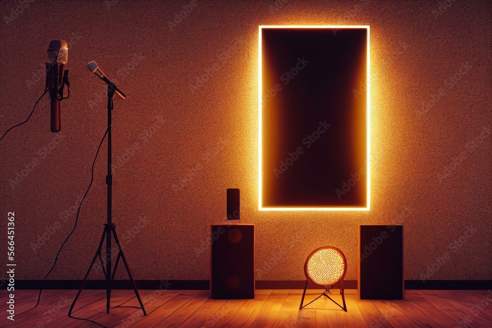 microphone and wooden stool on a stand up comedy stage with reflectors ...