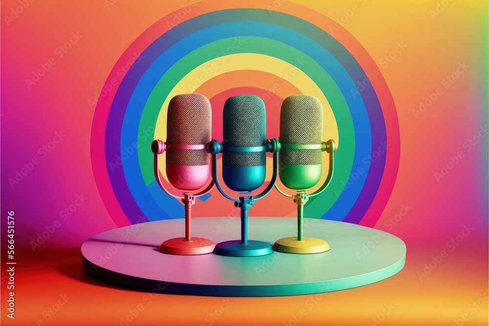 Table with microphones on rainbow background, podcast concept ...