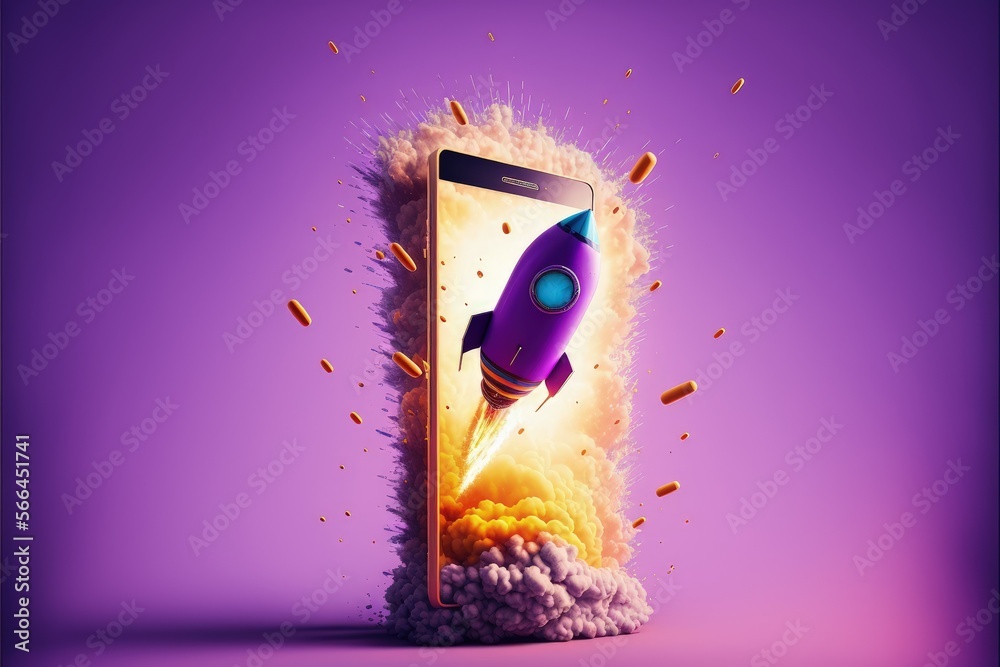 Rocket flying from mobile phone screen on purple background, startup ...