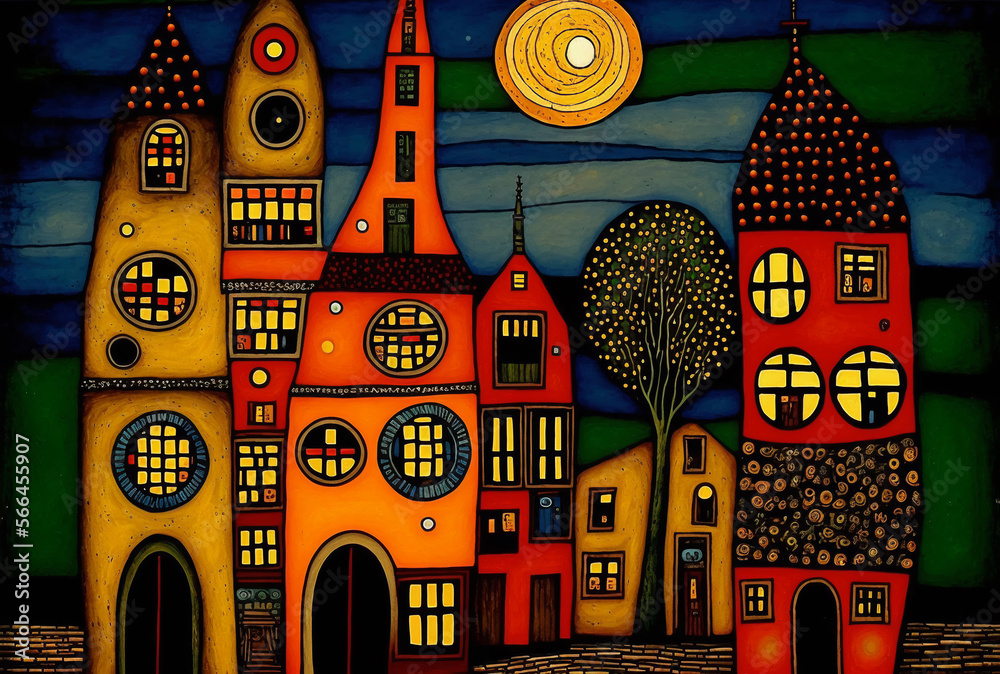 Fairytale Folk Art Style Image of Colorful Town at Night Under a ...