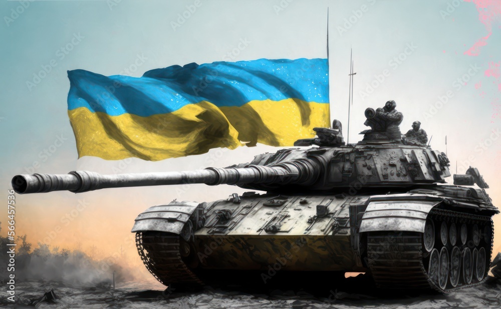 Battle tank, Ukraine flag. Military heavy vehicle. Army equipment for ...