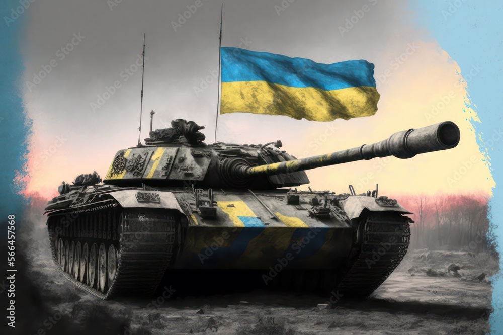 Leopard battle tank, Ukraine flag. Military heavy vehicle. Army ...