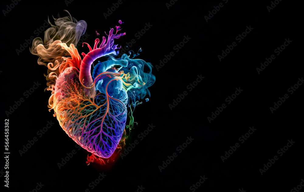 Human heart organ, bright rainbow colors glowing smoke and colors, on a ...