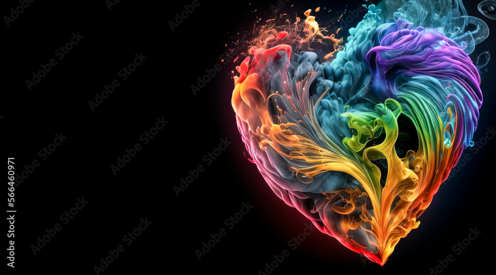 ภาพประกอบสต็อก Fiery rainbow bright colors, heart shape, smoke and fire ...