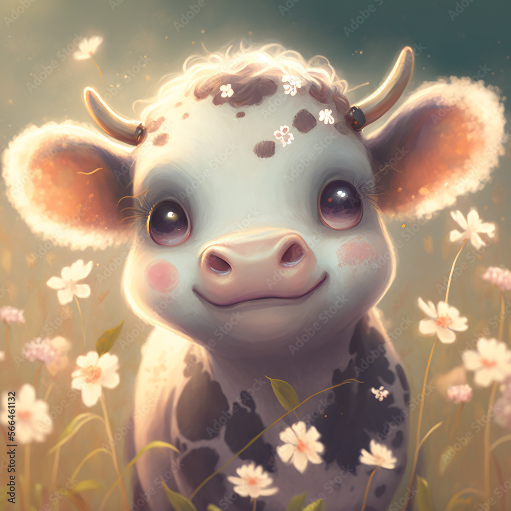 Cute baby cow in flower meadow at night surrounded by a soft glow ...