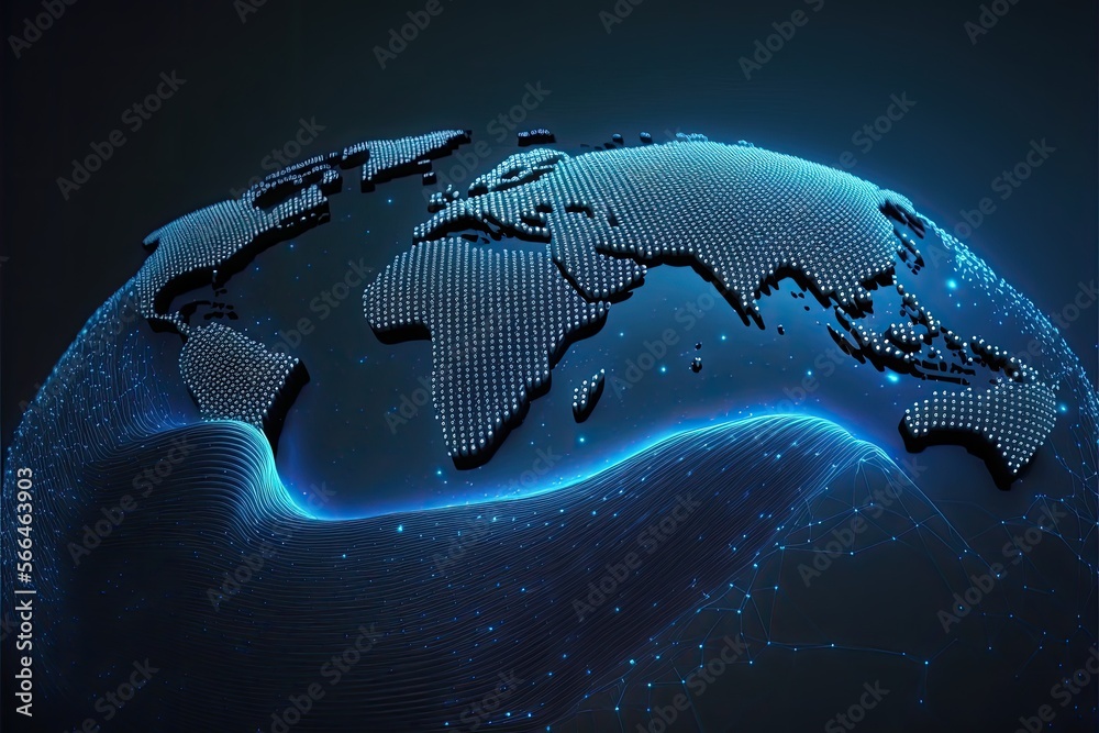 Futuristic Big Data Visualization Wave Connecting Neural Network And Moving On Earth Generative