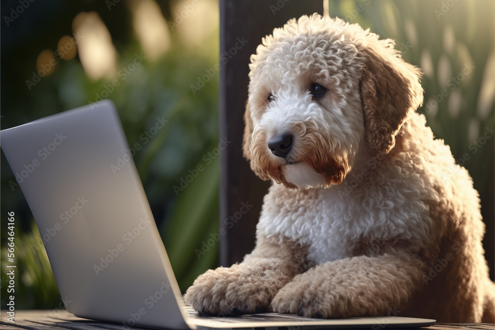 Golden doodle puppy dog using laptop, pup has it paws up on the laptop ...