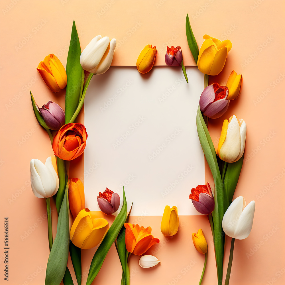 Blank Tulip Floral Frame on Blushing Peach Background, created by ...