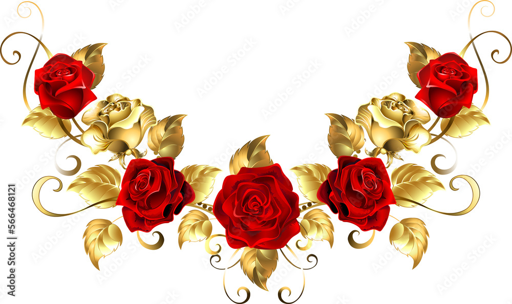 Symmetrical Garland of Gold and Red Roses Stock Illustration | Adobe Stock