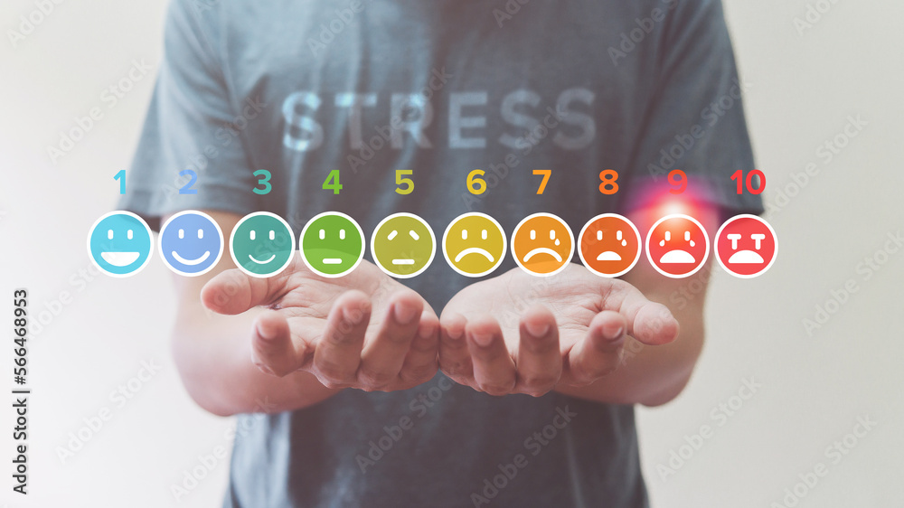Man Holding of stress meter colorful icon virtual screen interface ...