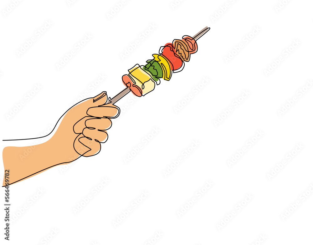 Continuous one line drawing human hand holding kebab. Hand holding ...