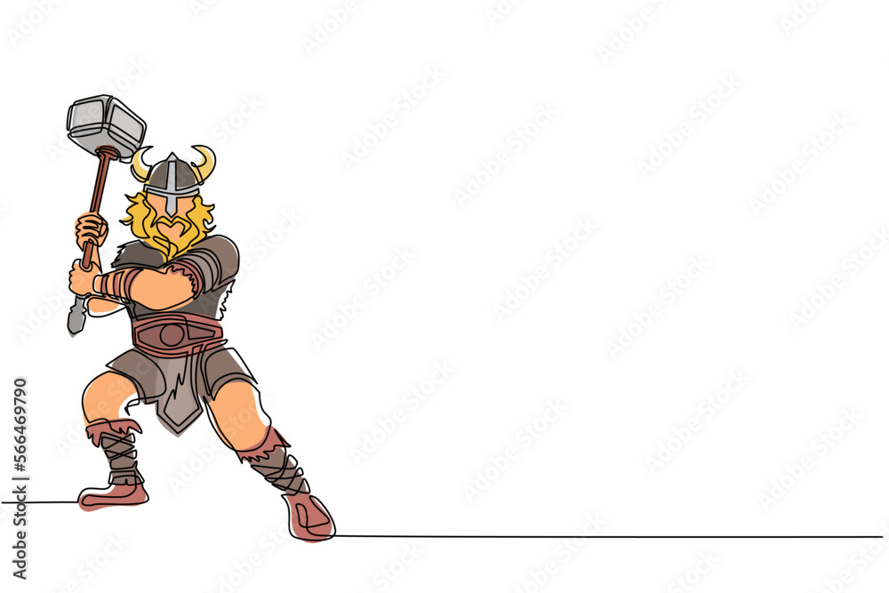 Single one line drawing viking warrior mascot swinging hammer. Viking ...