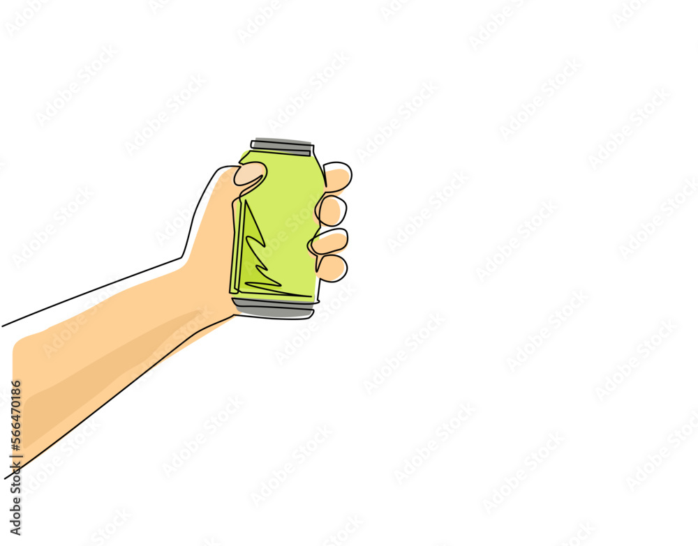Single one line drawing hand holding soda can. Male hand holding ...