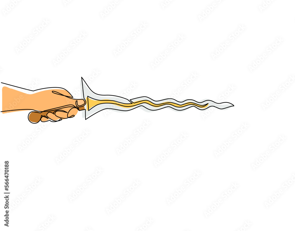 Single continuous line drawing hand holding keris traditional weapon ...