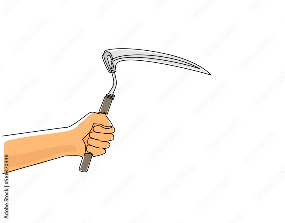 Continuous one line drawing hand holding farm scythe. Scythe ...