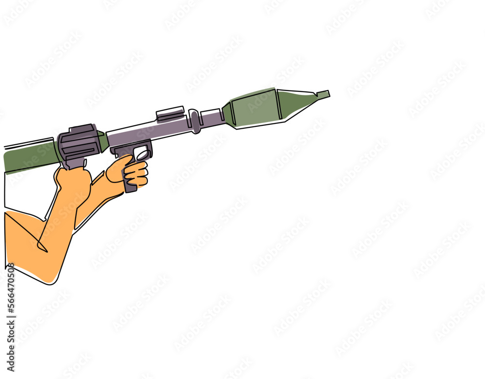 Single continuous line drawing hand holding rocket launcher. Rocket ...