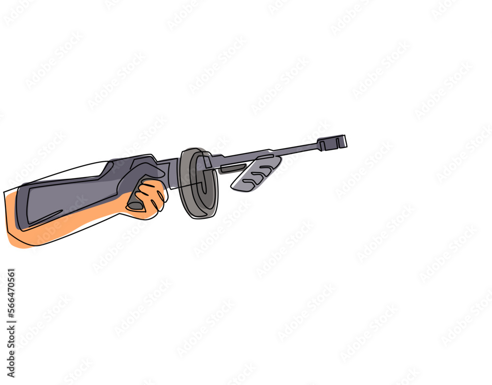 Continuous one line drawing hand holding tommy gun. Thompson submachine ...