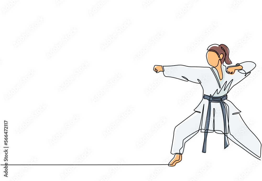Continuous one line drawing young confident karateka woman in kimono ...