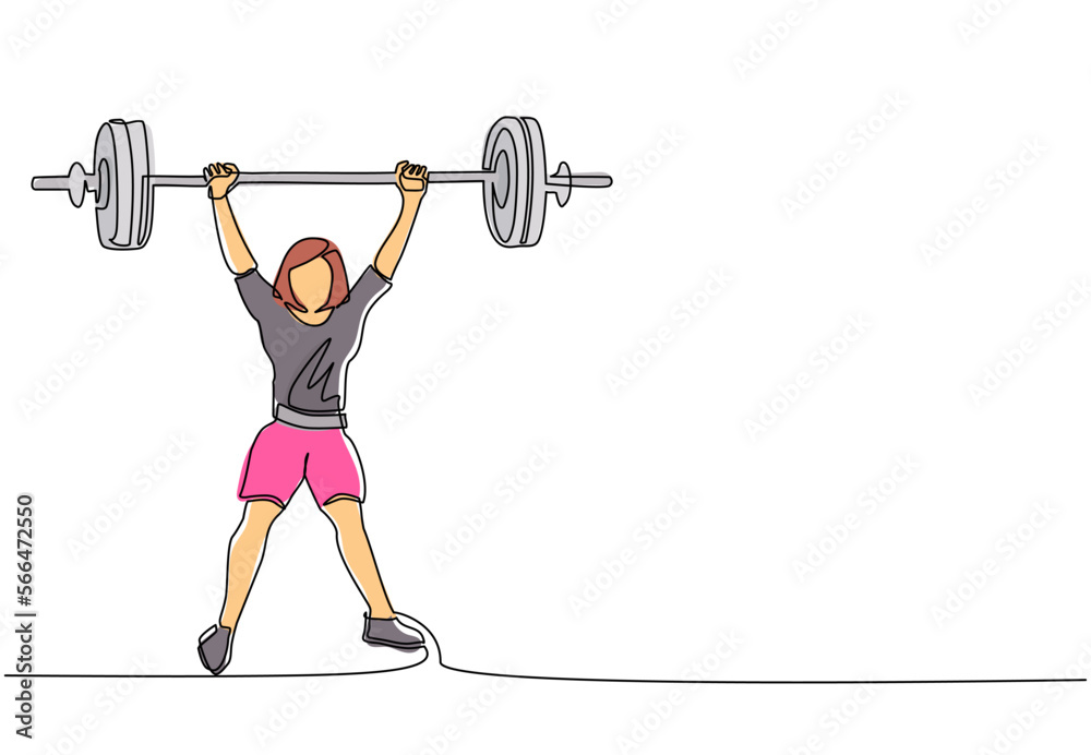 Single one line drawing young bodybuilder woman doing exercise with a ...