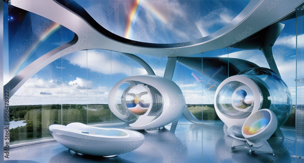 Stark white room of the future equipped with humongous windows that ...