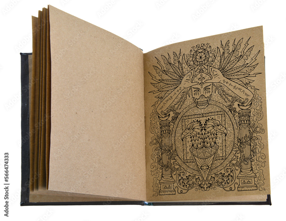 Old book page with hand drawn mystic illustration and symbols for witch ...
