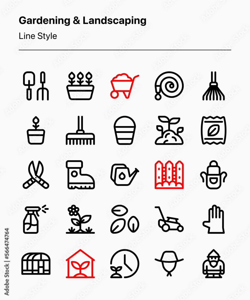 Customizable set of gardening and landscaping icons covering gardening ...