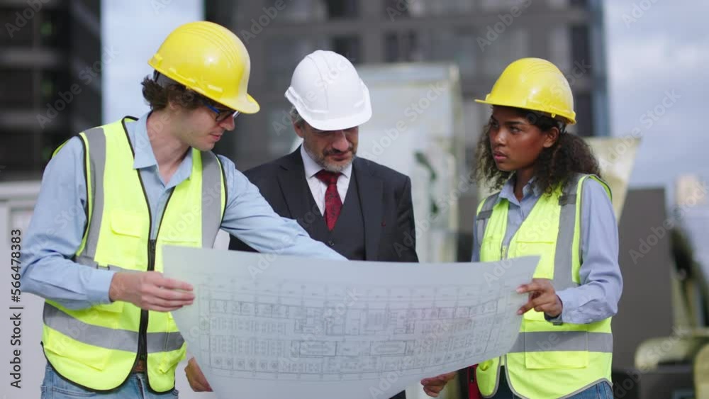 Structural engineer,architect and worker working with blueprints ...