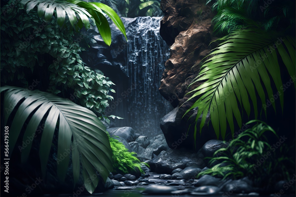 create a dense jungle scene with a waterfall and loss covered stones ...