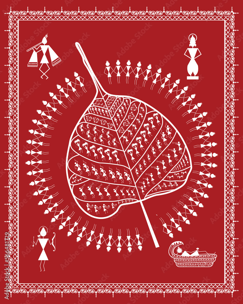 Pipal tree leaf showing indian rural life with vishnu avatar in warli ...