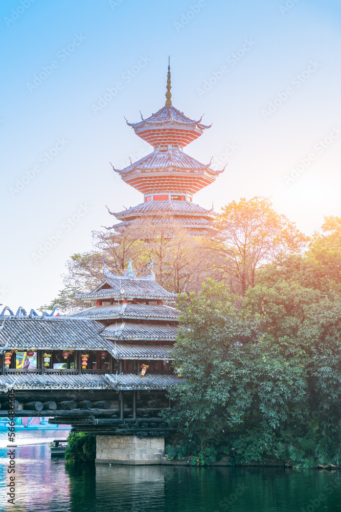 The Wind and Rain Bridge of the Dong Nationality and the Drum Tower of ...