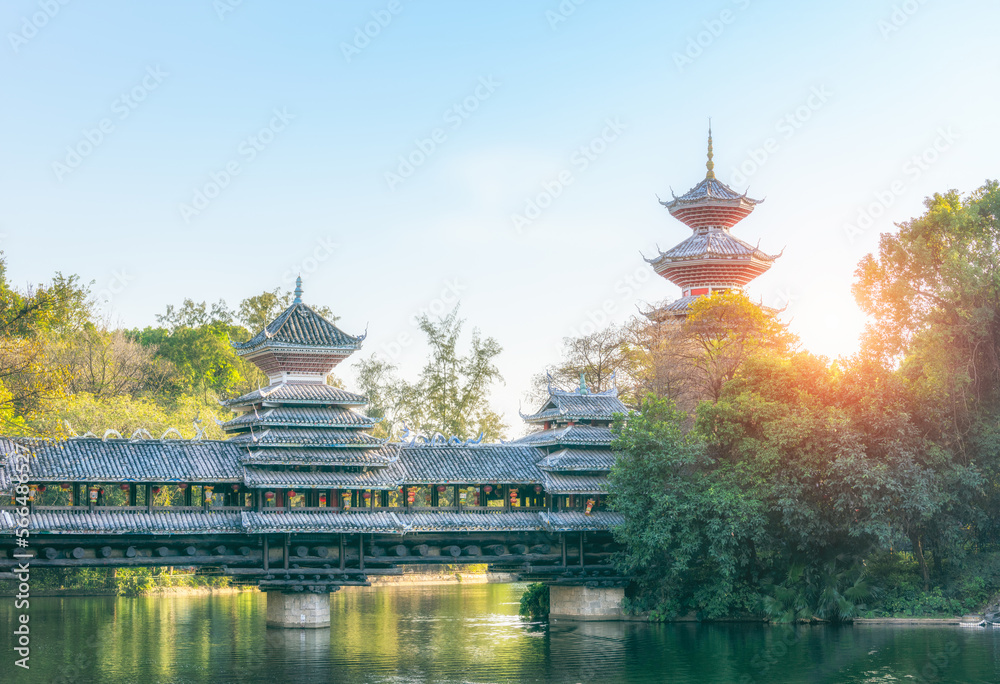 The Wind and Rain Bridge of the Dong Nationality and the Drum Tower of ...