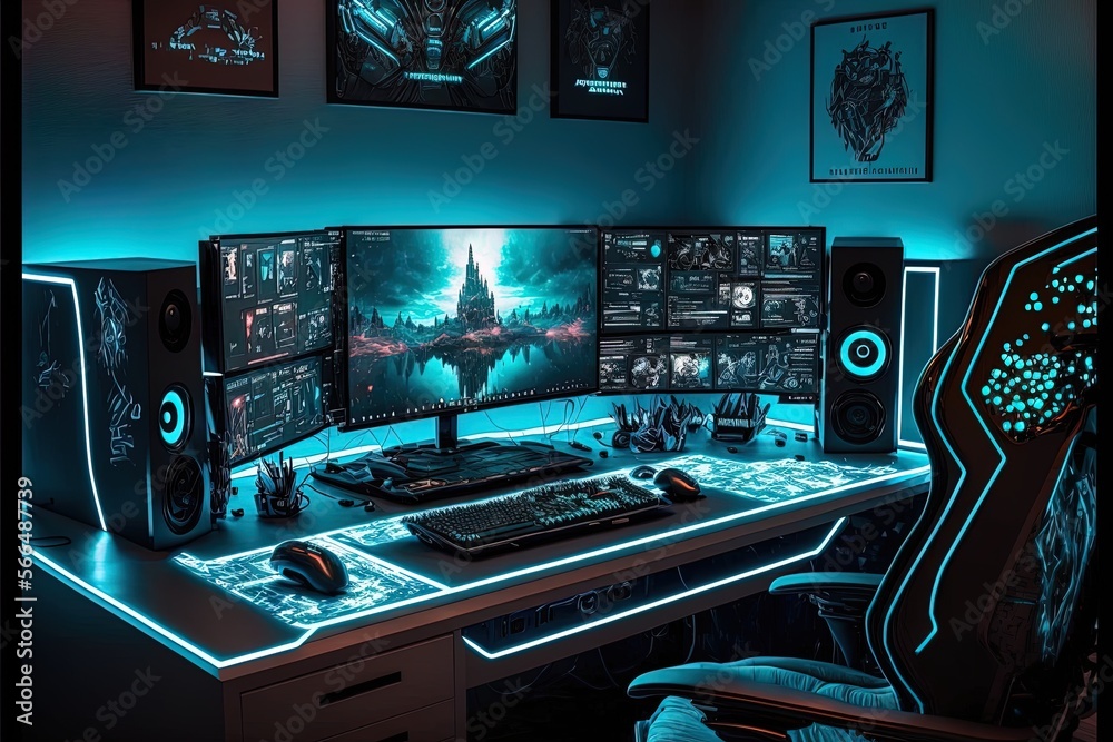 Spectacular gaming room interior, gaming pc, gaming desk, game setup ... Spectacular gaming room interior, gaming pc, gaming desk, game setup ...