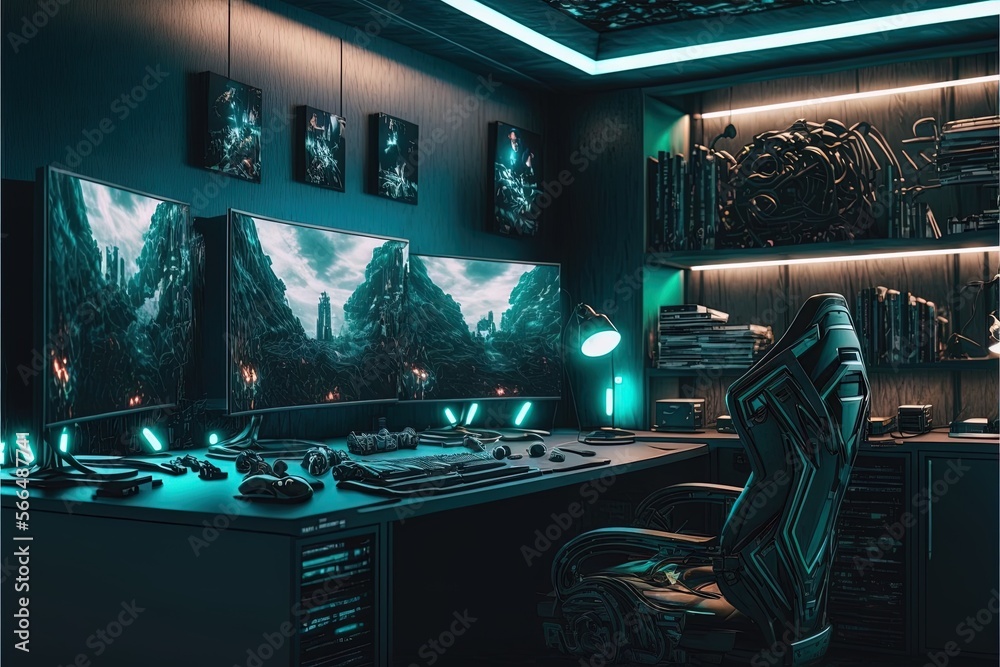 Spectacular gaming room interior, gaming pc, gaming desk, game setup ...
