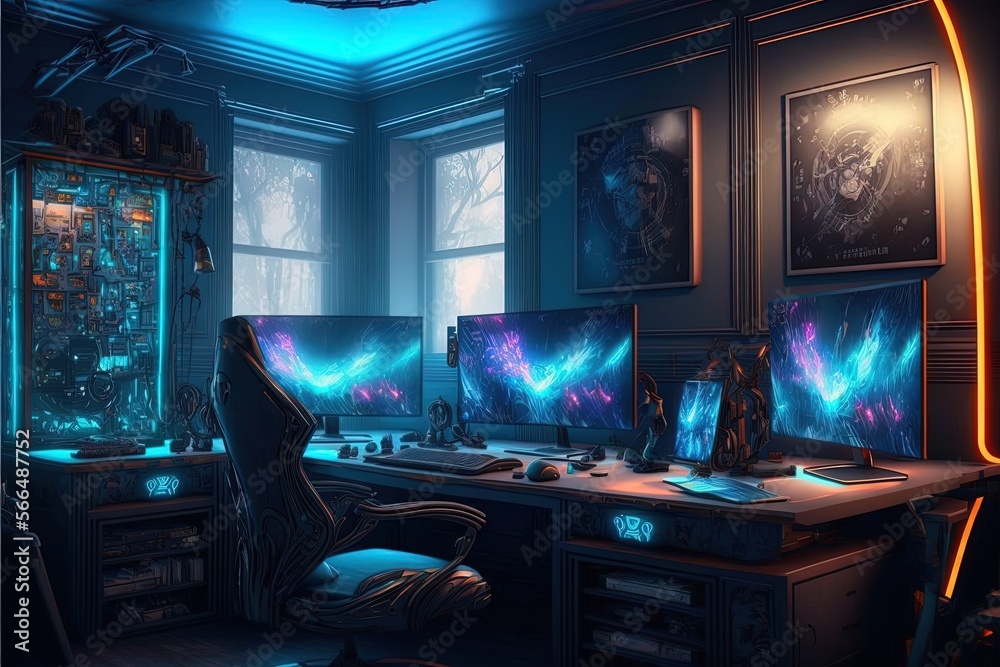 Spectacular gaming room interior, gaming pc, gaming desk, game setup ...