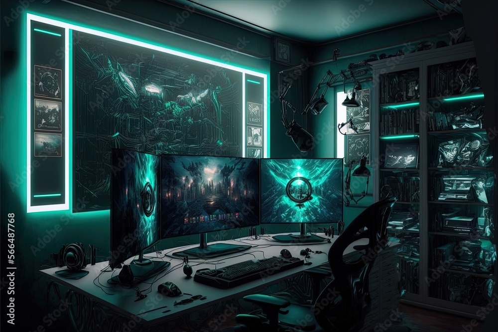 Spectacular gaming room interior, gaming pc, gaming desk, game setup ...