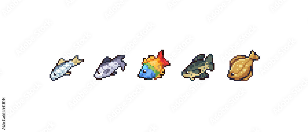 Pixel Art Fish Icons created in 32x32 resolution Stock Illustration ...