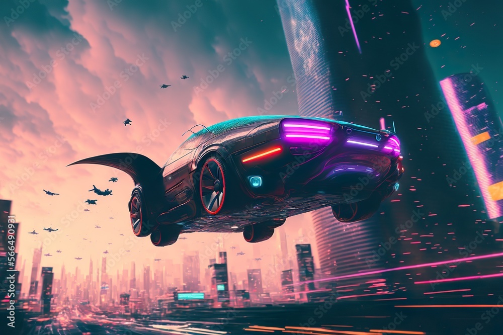 Futuristic car flying in the air above a futuristic city in cyberpunk ...
