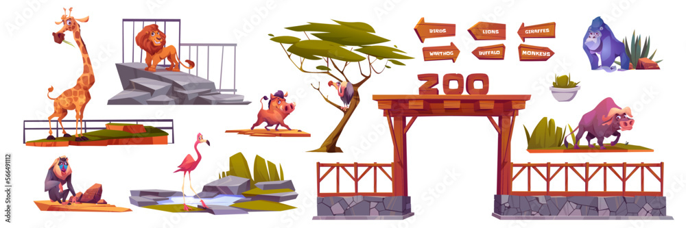 Zoo animals and landscape design set isolated on white background ...