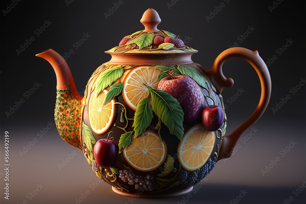 Beautiful tea kettle. Volumetric pattern of fruits, berries, citrus ...