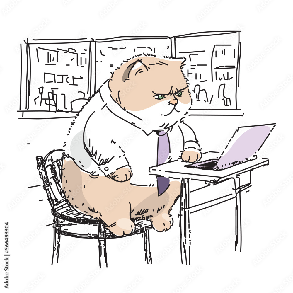A fat cat in a white shirt and tie works on a laptop from home ...