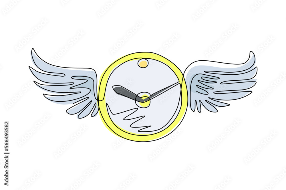 Vetor de Single one line drawing clock with wings flying in the sky ...